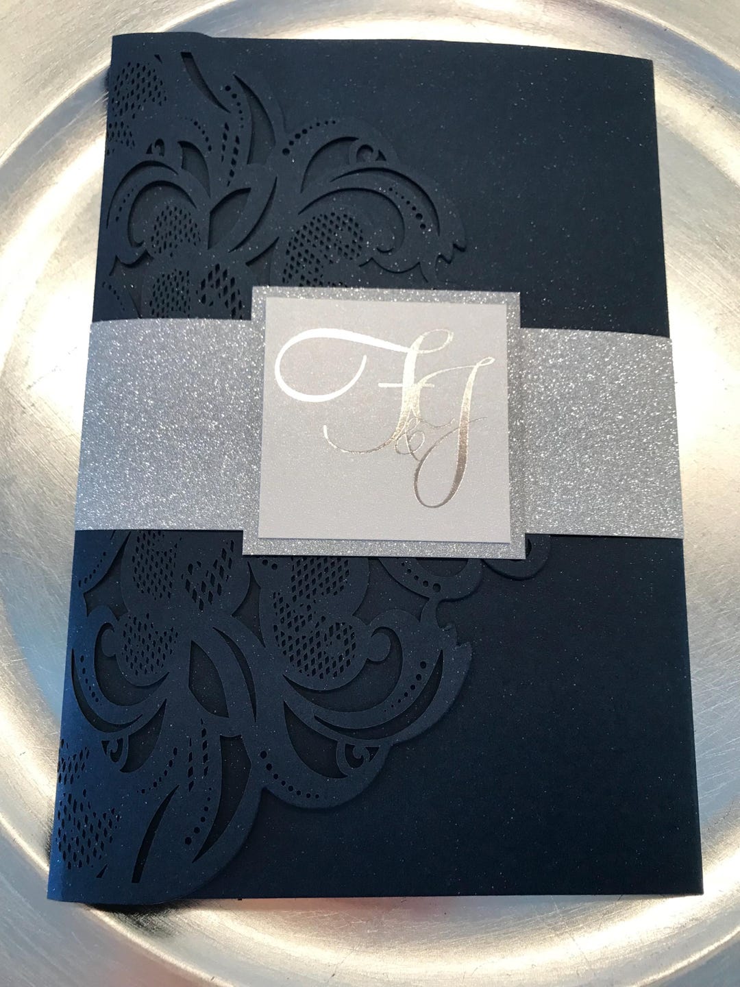 Navy Blue Laser Cut Silver Foil Pocket Wedding Invitation Set, Laser ...