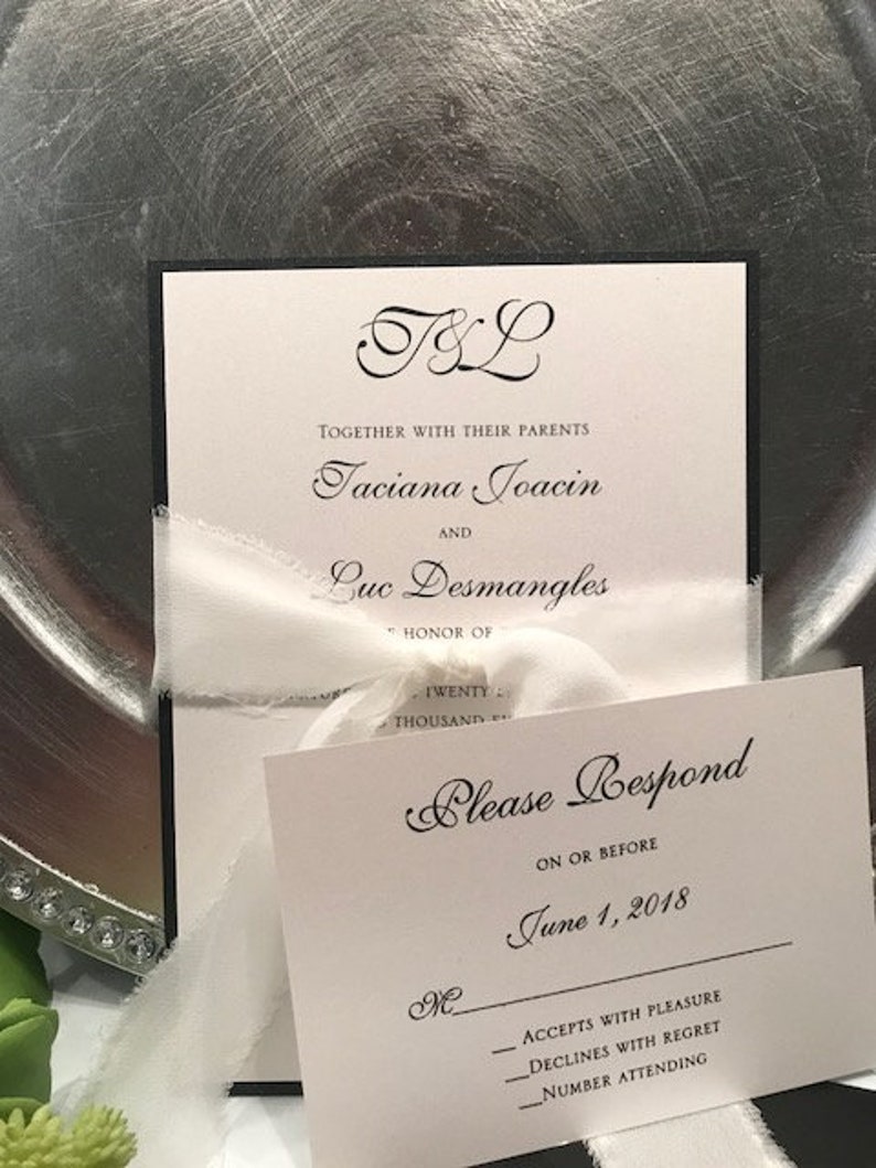 Black and White Classic Wedding Invitation Silk Ribbon | Etsy