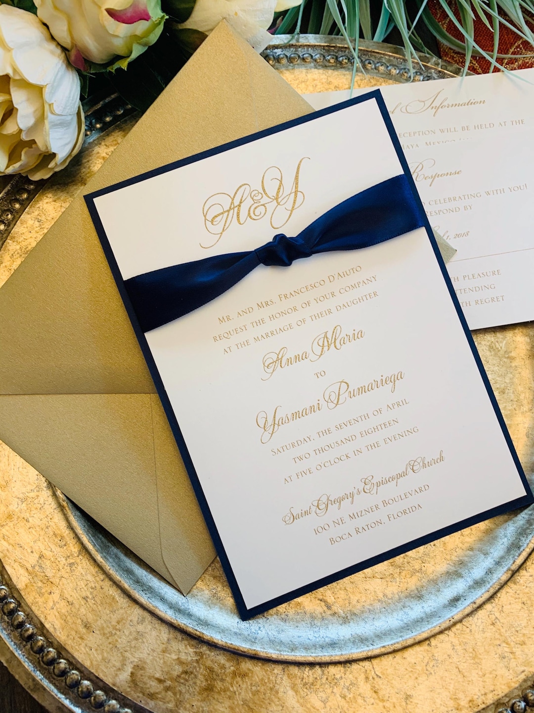 Navy Blue Monogram Wedding Invitation With Satin Ribbon - Etsy