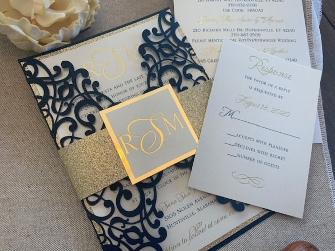 Navy Blue Laser Cut Wedding Invitation, Navy and Gold Wedding ...