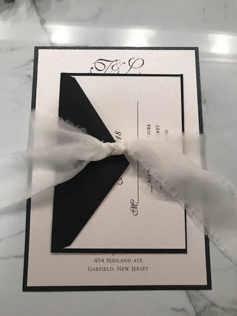 Black and White Classic Wedding Invitation Silk Ribbon | Etsy