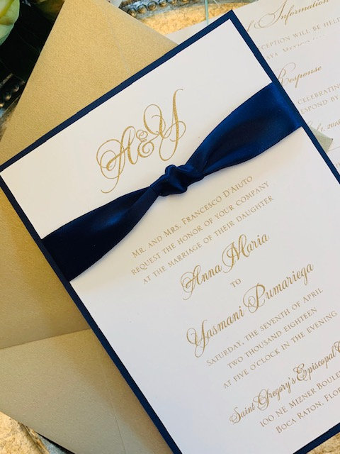 Navy Blue Monogram Wedding Invitation With Satin Ribbon - Etsy