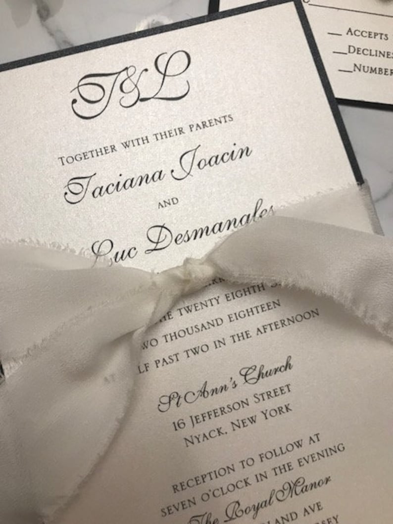 Black and White Classic Wedding Invitation Silk Ribbon | Etsy