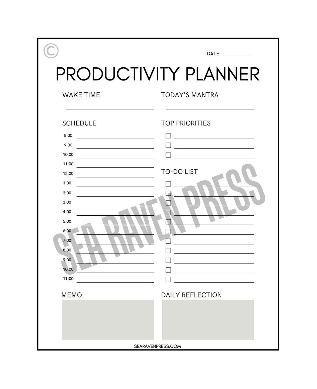 Printable Productivity Planner Digital Download Includes Wake Time ...