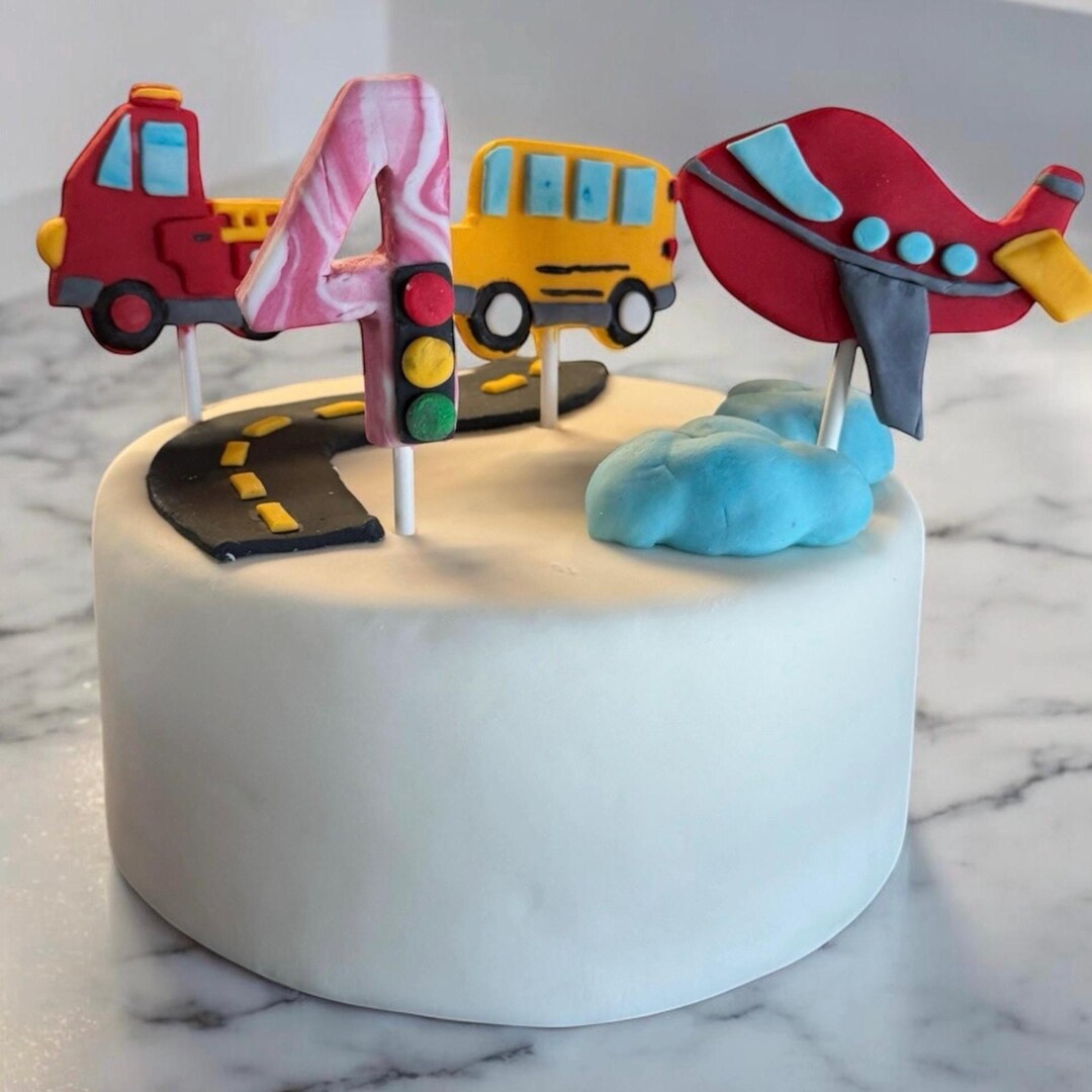 Fondant Transportation Cake Toppers Fire Truck Airplane School Bus Kids ...