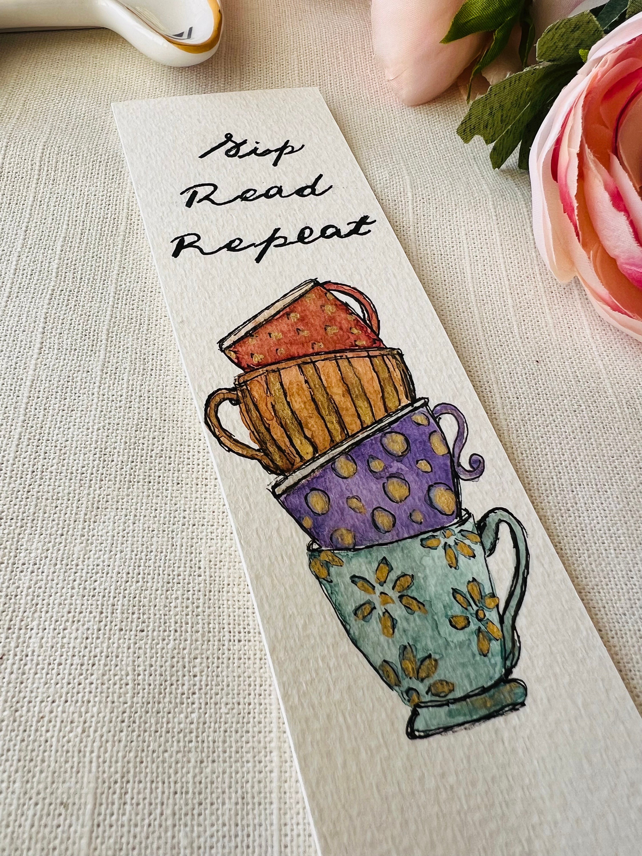 Hand Painted Bookmark, Watercolor Artwork, Stacked Mugs Art, Watercolor ...