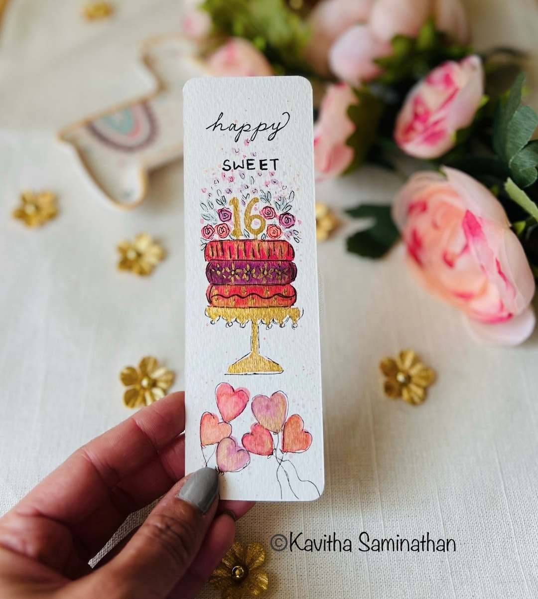 Sweet 16 Hand Painted Bookmark, Watercolor Artwork, 16th Birthday Gift ...