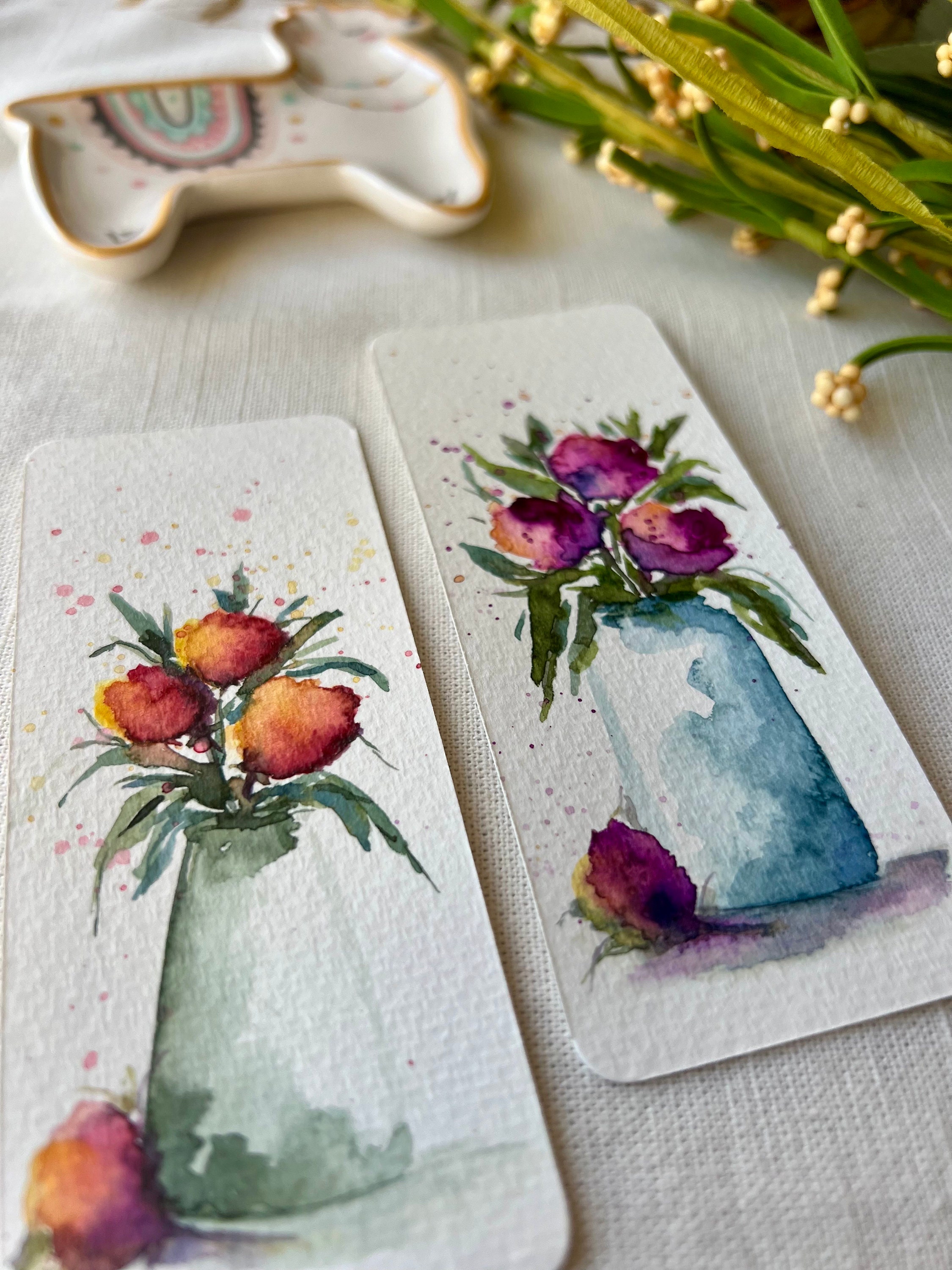 Set of 2 Hand Painted Bookmarks, Watercolor Artwork, Floral Bookmarks ...