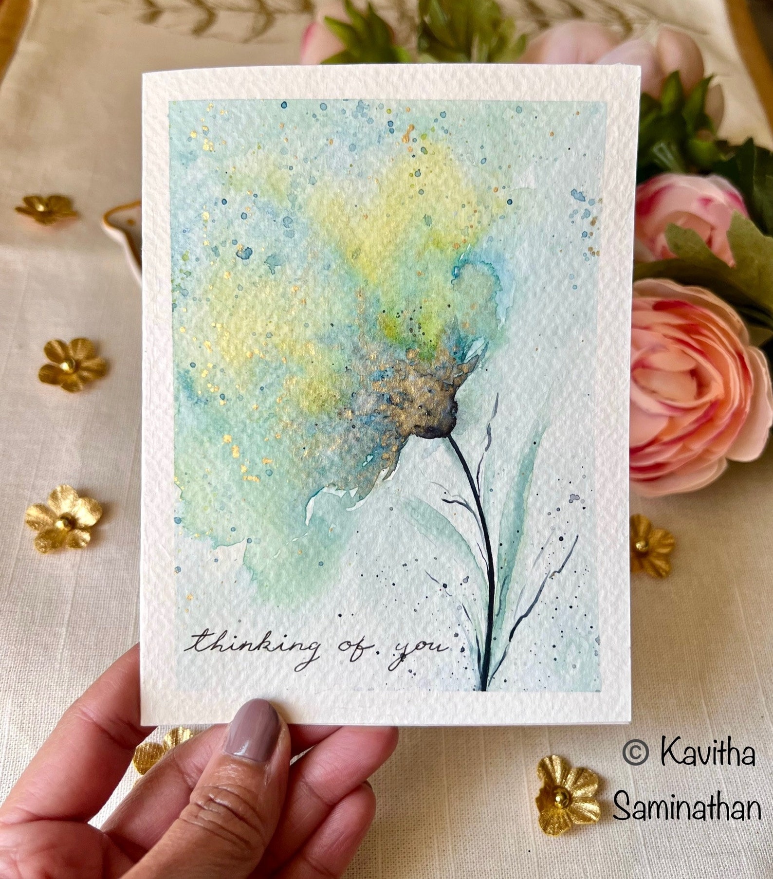Hand Painted Card, Watercolor Greeting, Original Artwork, Blue Flowers ...