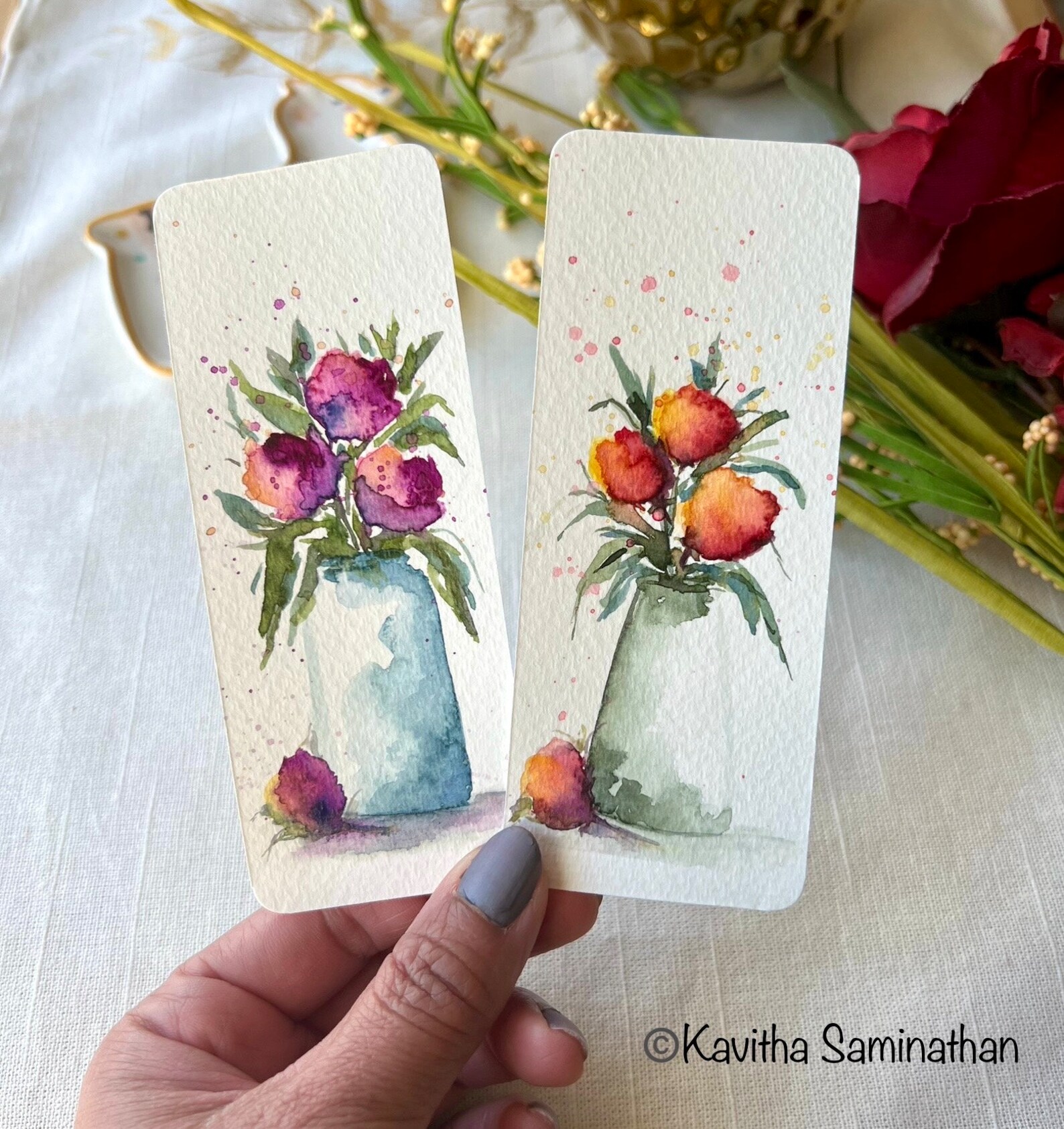 Set of 2 Hand Painted Bookmarks, Watercolor Artwork, Floral Bookmarks ...