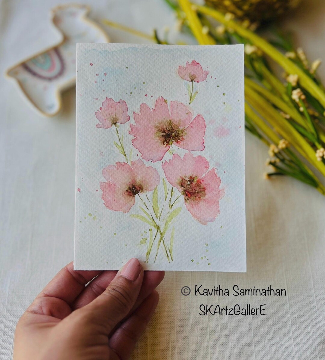 Hand Painted Card, Watercolor Greetings, Original Artwork, Pink Floral ...
