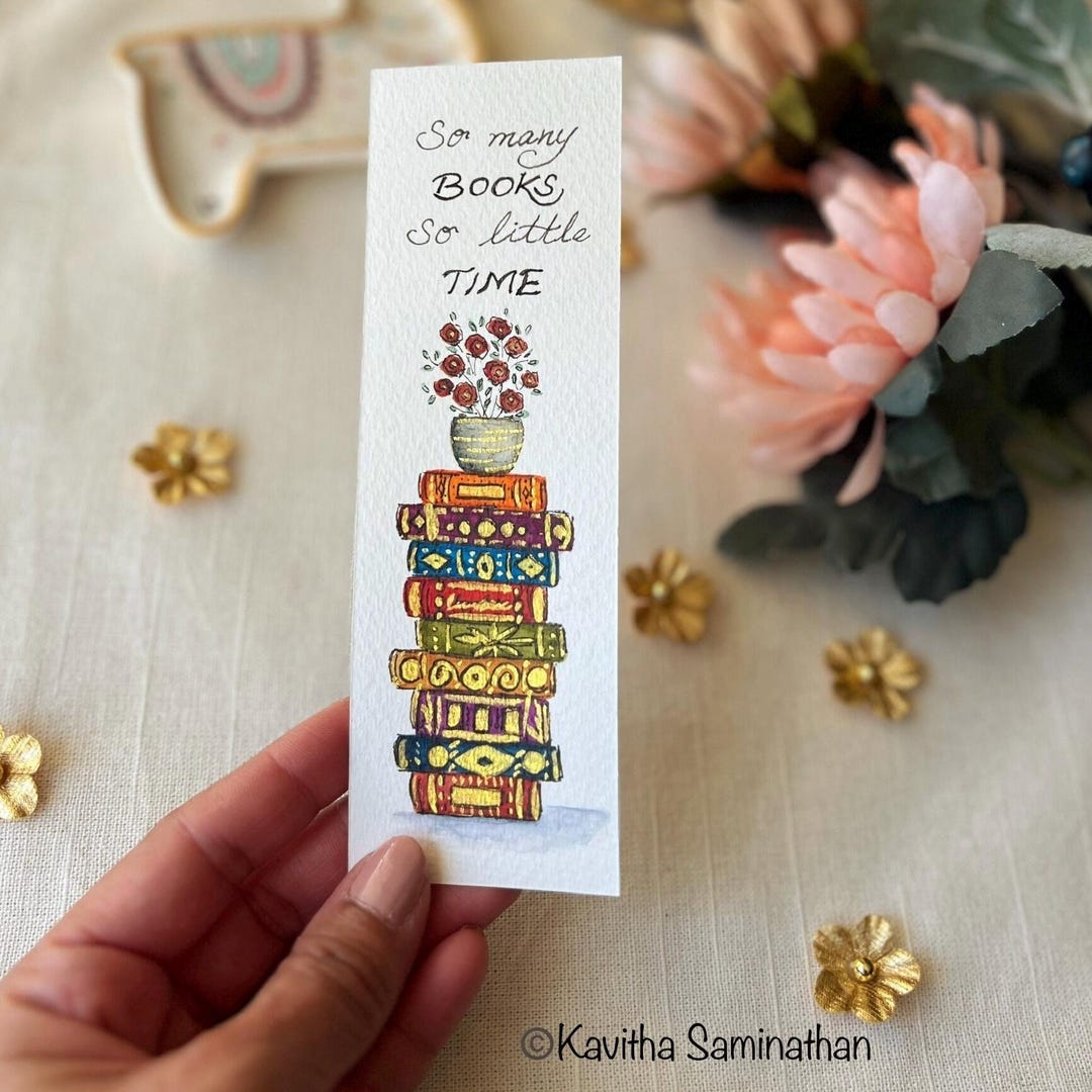 Hand Painted Watercolor Bookmark, Stacked Books Art - Etsy