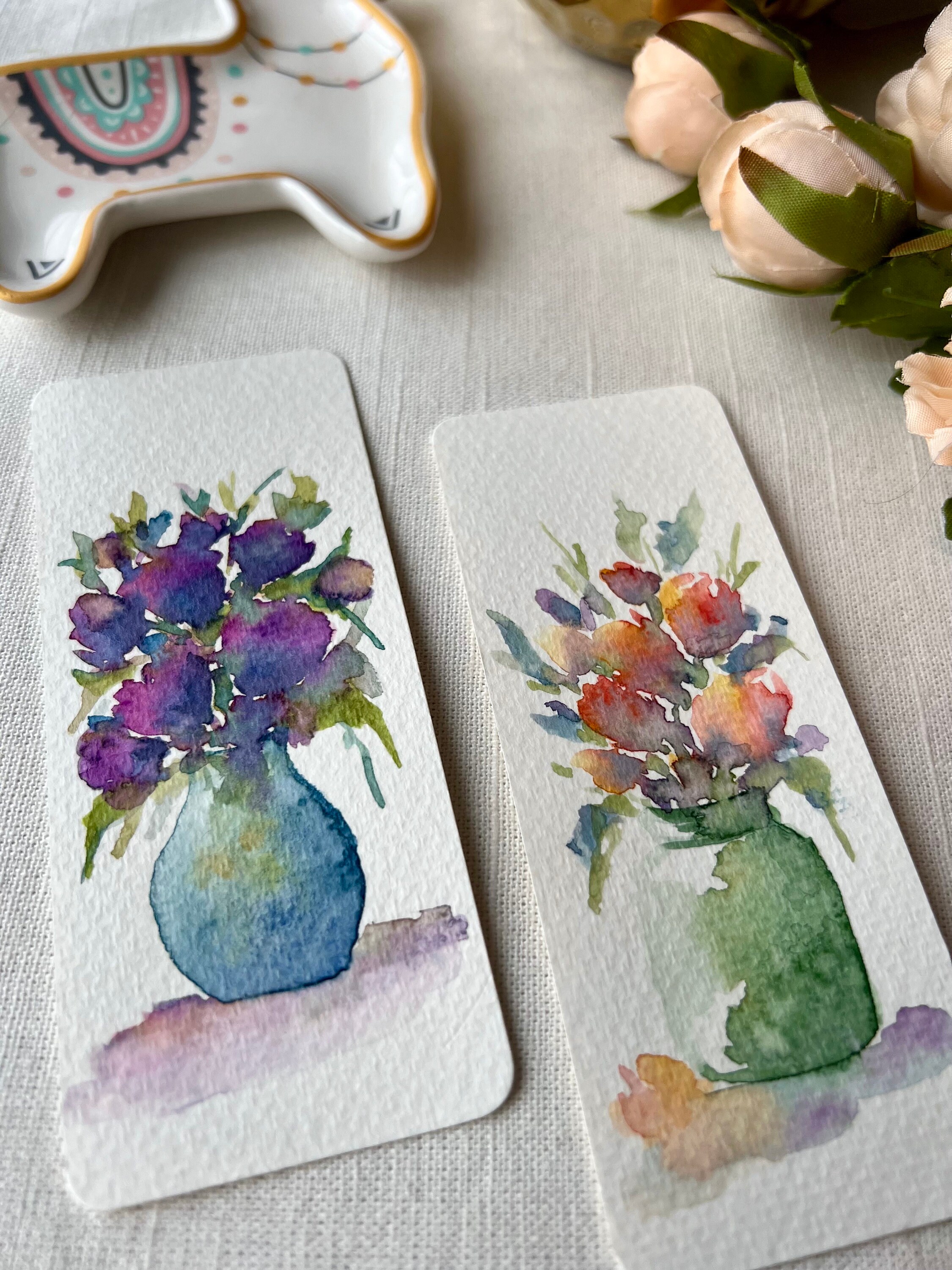 Set of 2 Hand Painted Bookmarks, Watercolor Artwork, Floral Bookmarks ...