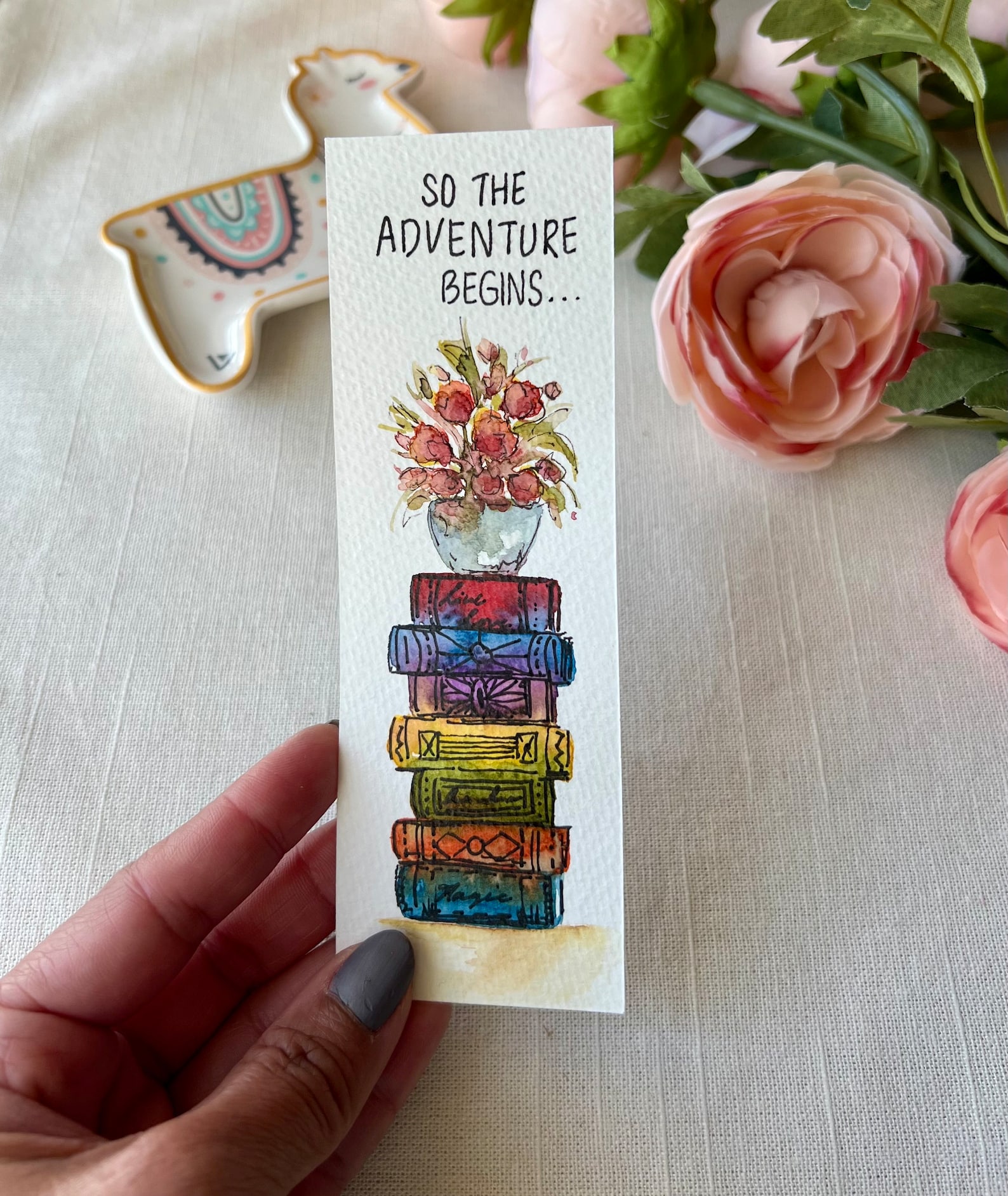 Hand Painted Bookmark, Watercolor Artwork, Stacked Books Art, Bookmark ...