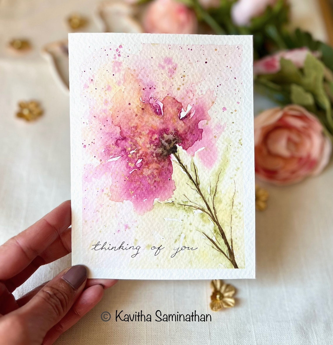 Hand Painted Card, Watercolor Greeting, Original Artwork, Pink Flowers ...