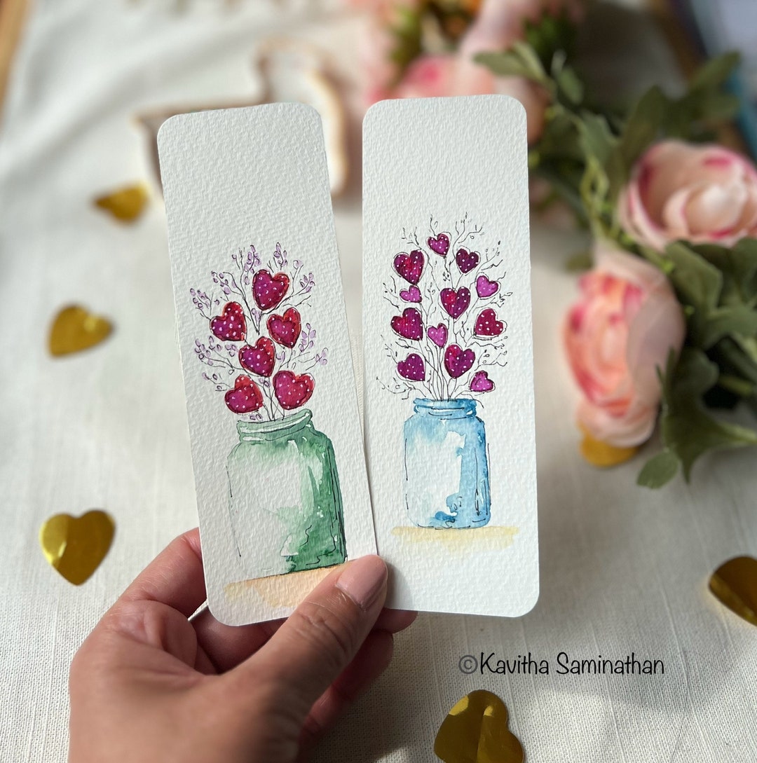 Set of 2 Hand Painted Bookmarks, Watercolor Artwork, Valentines ...