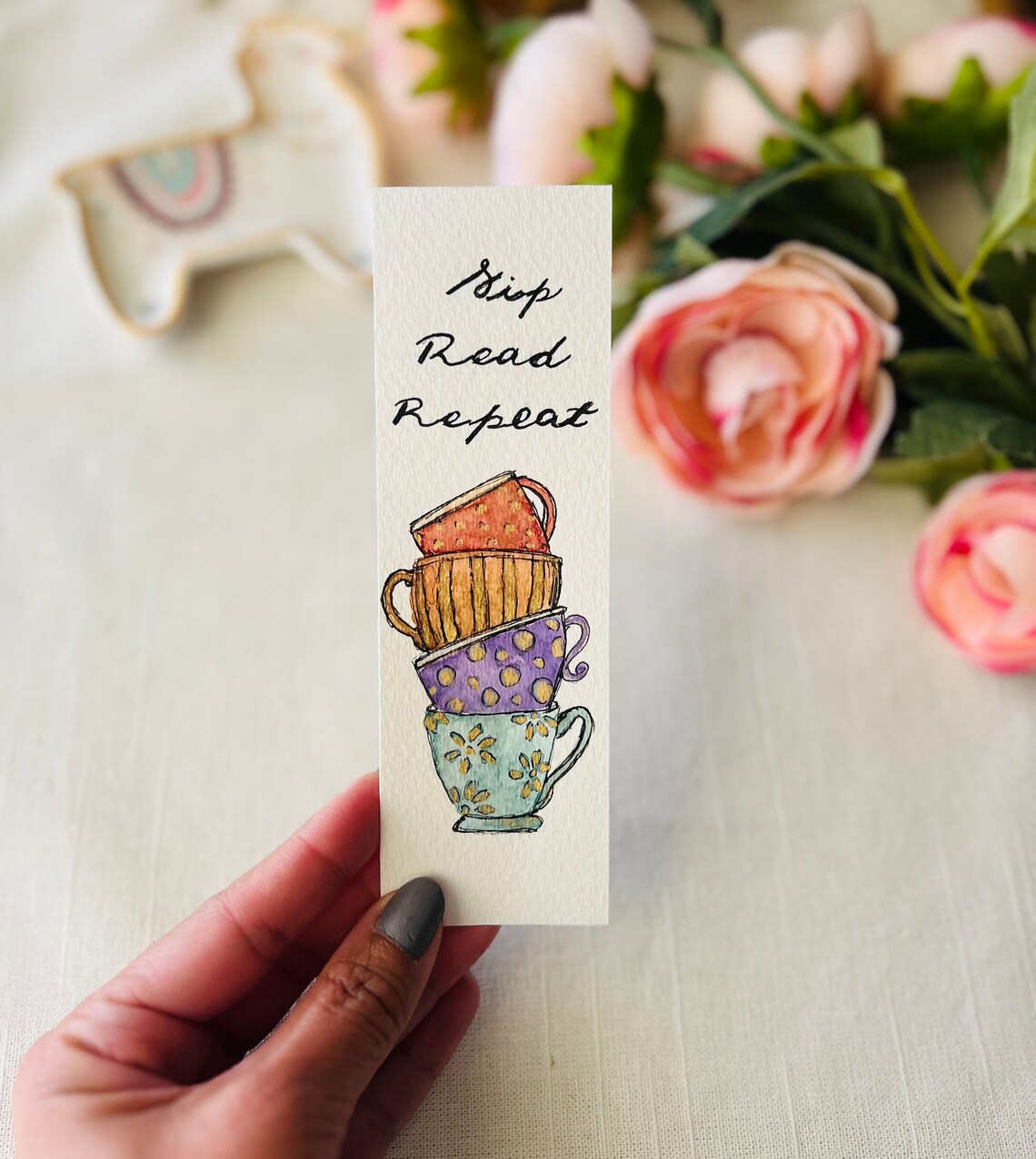 Hand Painted Bookmark, Watercolor Artwork, Stacked Mugs Art, Watercolor ...