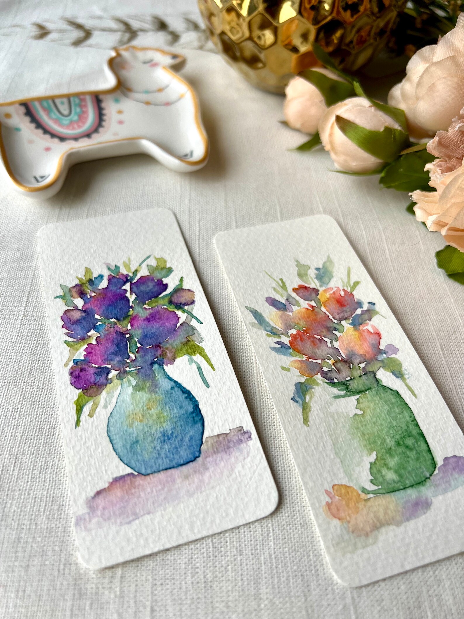Set of 2 Hand Painted Bookmarks, Watercolor Artwork, Floral Bookmarks ...