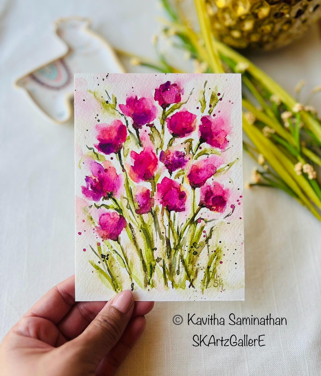 Hand Painted Floral Watercolor Card, Original Loose Artwork, Birthday ...
