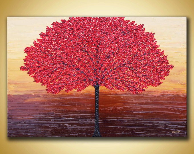 Red Tree Painting Original Artwork Modern Landscape Red - Etsy