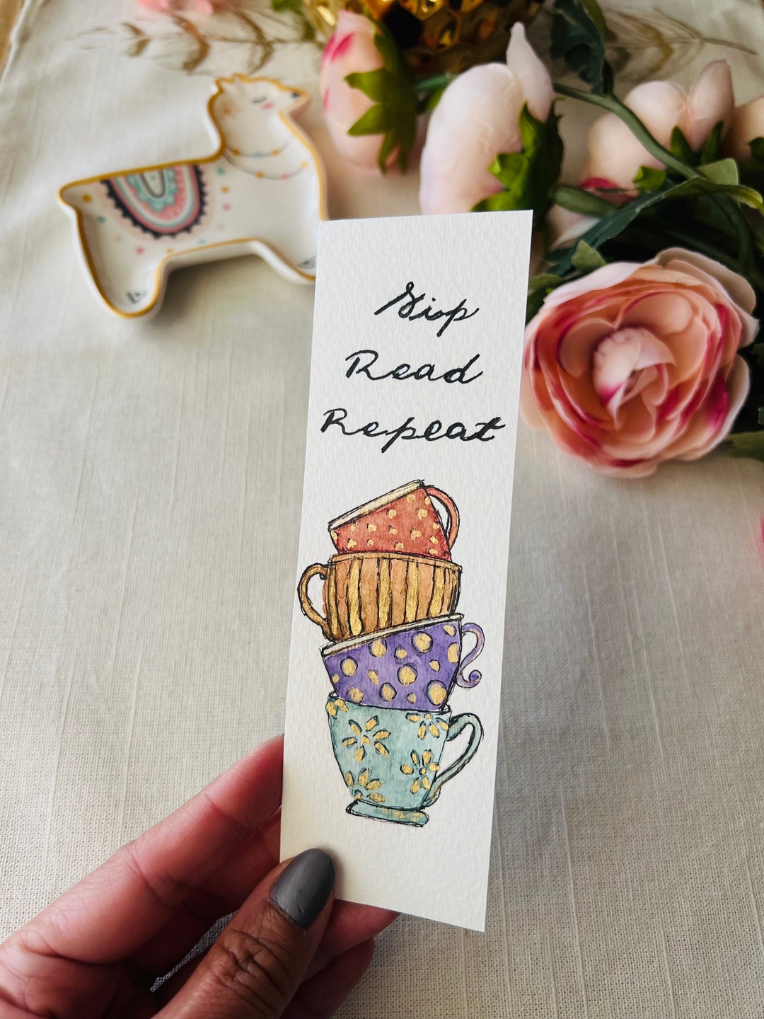 Hand Painted Bookmark, Watercolor Artwork, Stacked Mugs Art, Watercolor ...