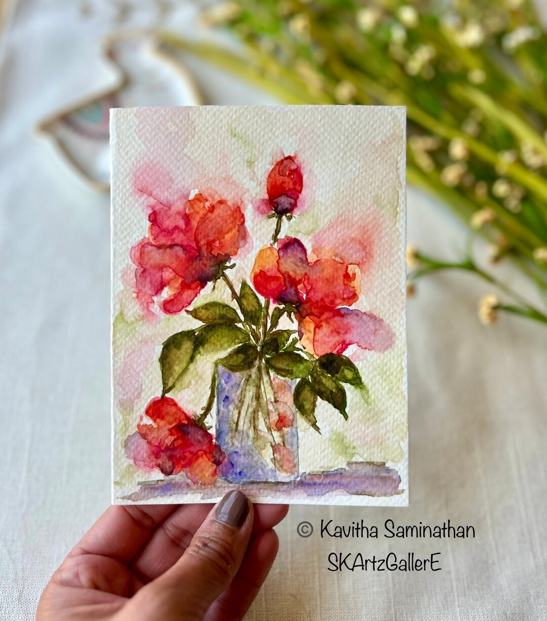 Hand Painted Card, Watercolor Greeting, Original Artwork, Floral ...