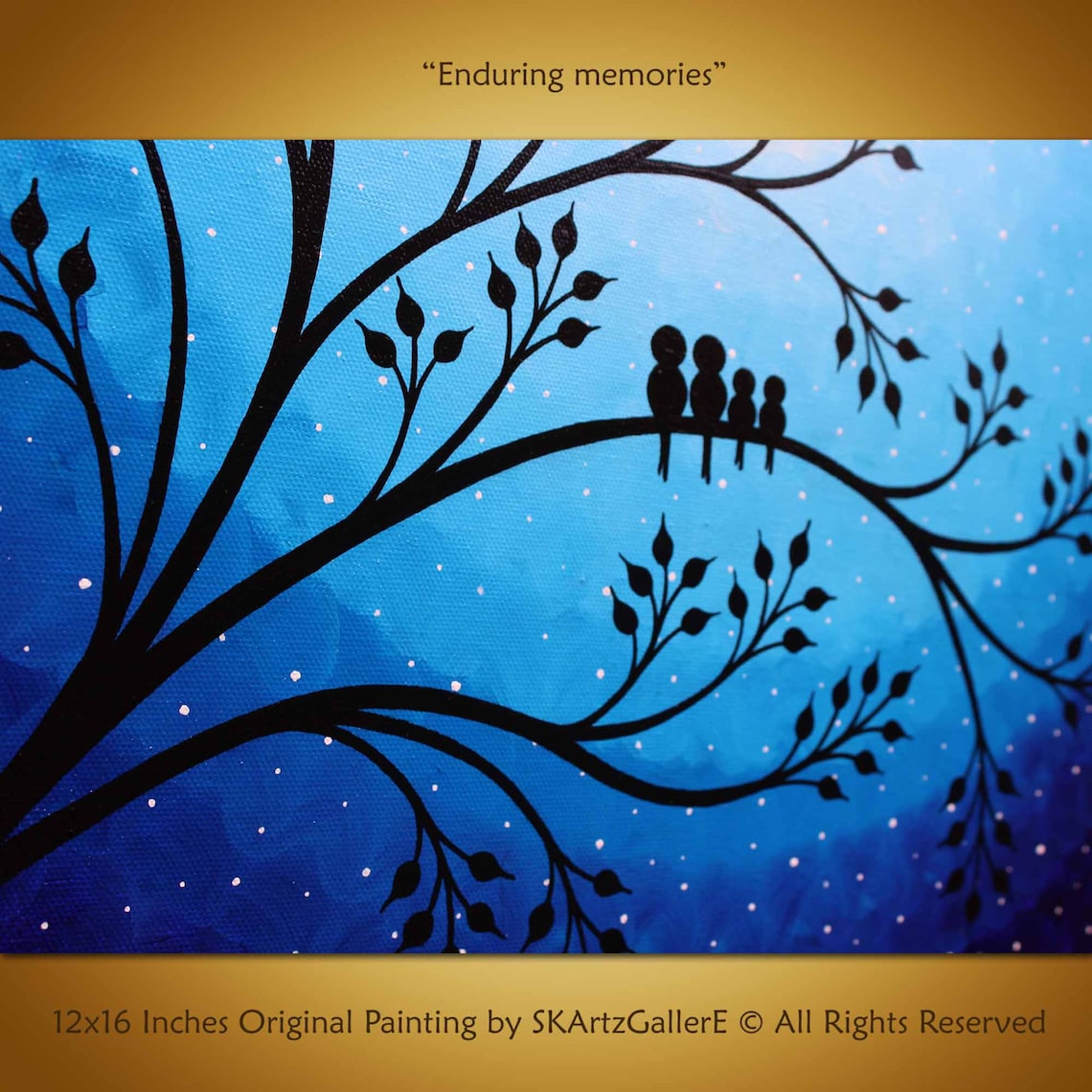 Family Birds Painting,blue Canvas Art, Birds on Tree Painting, Night ...