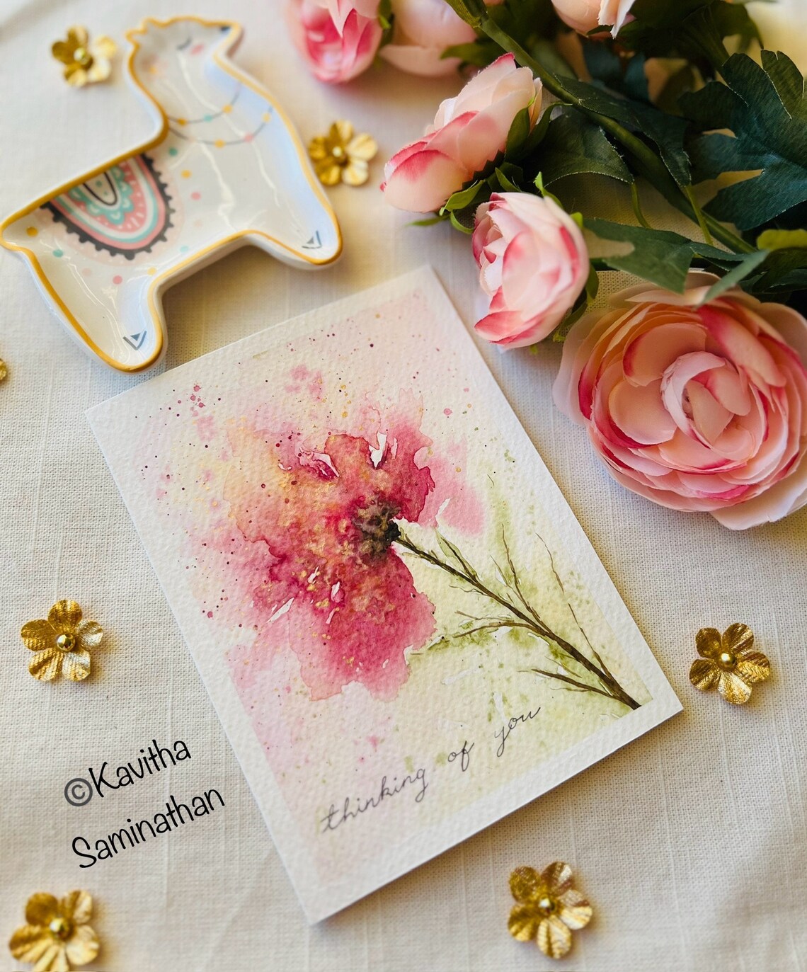 Hand Painted Card, Watercolor Greeting, Original Artwork, Pink Flowers ...