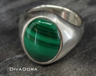 Round Malachite Signet Ring Copper Ring 925 Sterling Silver - Etsy