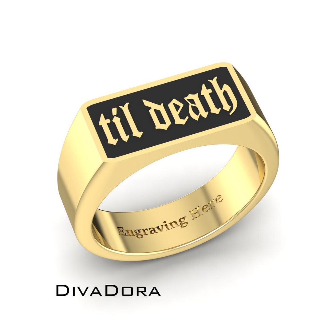 14K Solid Gold Til Death Signet Ring, Custom Writing and Enamel Color ...