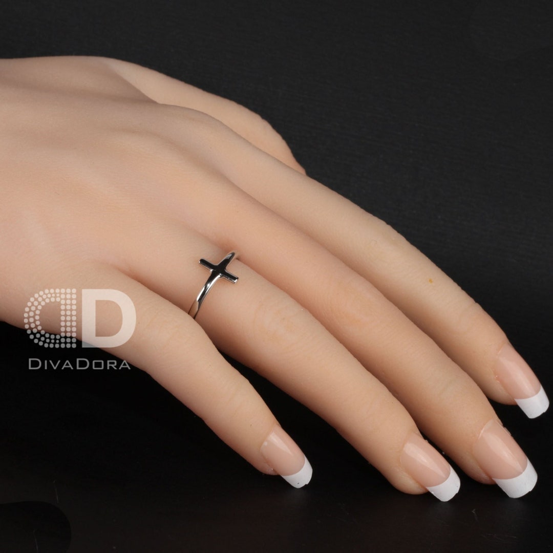 Sterling Silver Stackable Sideways Cross Ring, Christian Ring, Polished Finished, Minimalist ...