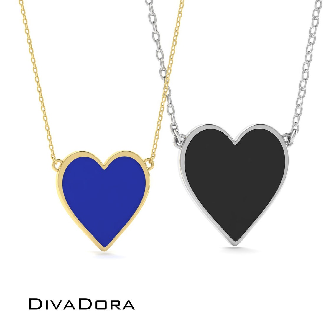 14K Solid Gold Dainty Heart Enamel Necklace, Customizable Heart Pendant ...