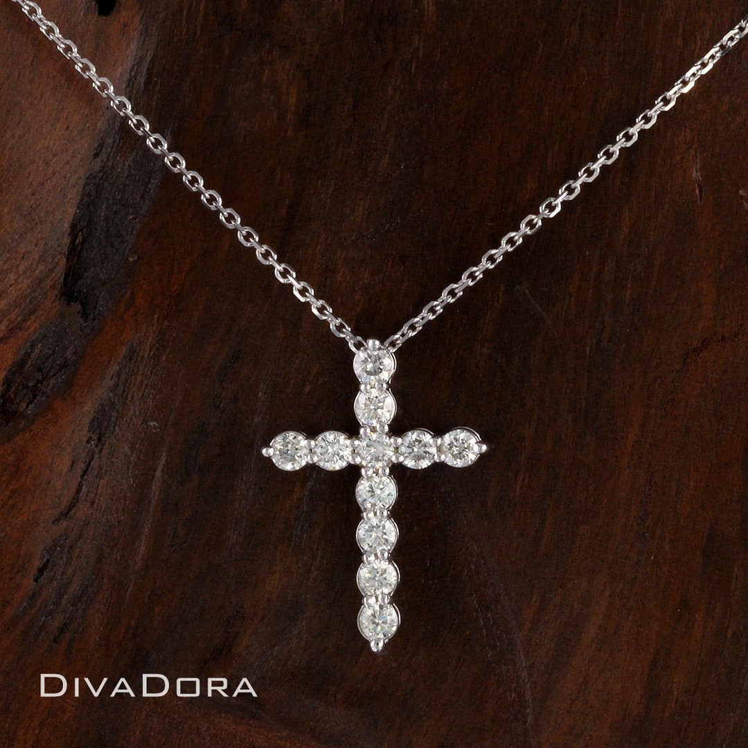 14K Solid Gold Diamond Cross Necklace, 0.55cts Genuine Earth Diamonds ...