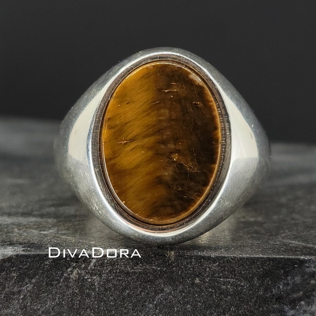 Silver Tiger's Eye Signet Ring, Oval, Brushed or Polished, Comfort Fit ...