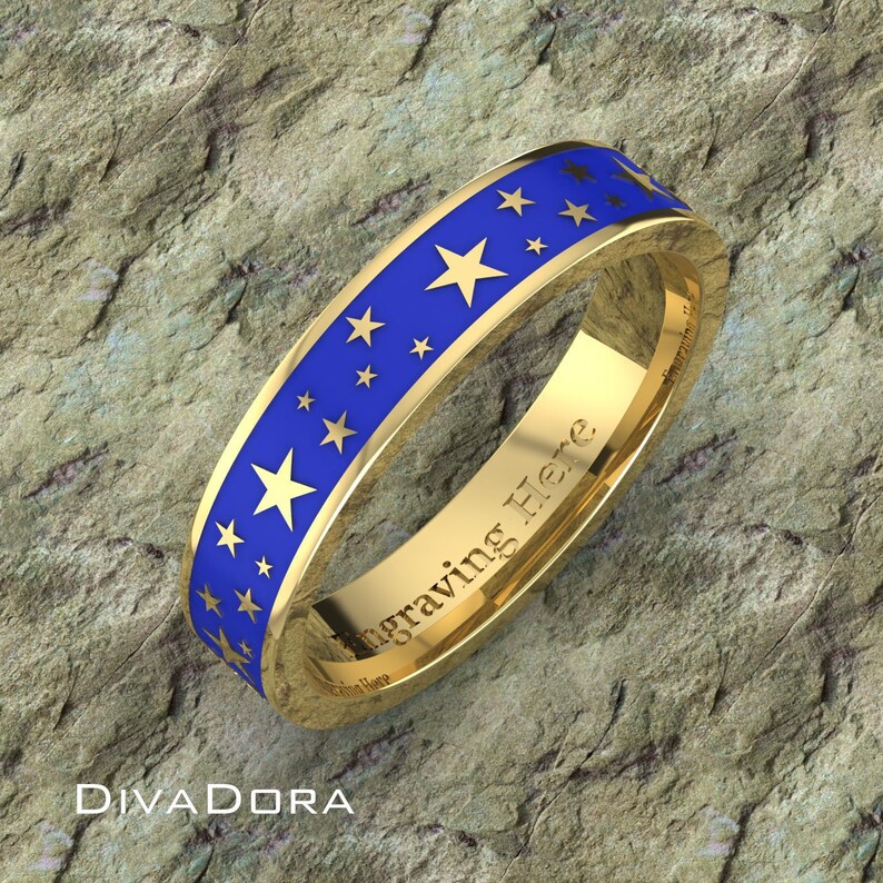 14K Solid Gold Stars Enamel Ring, Custom Design and Enamel Color, Star ...