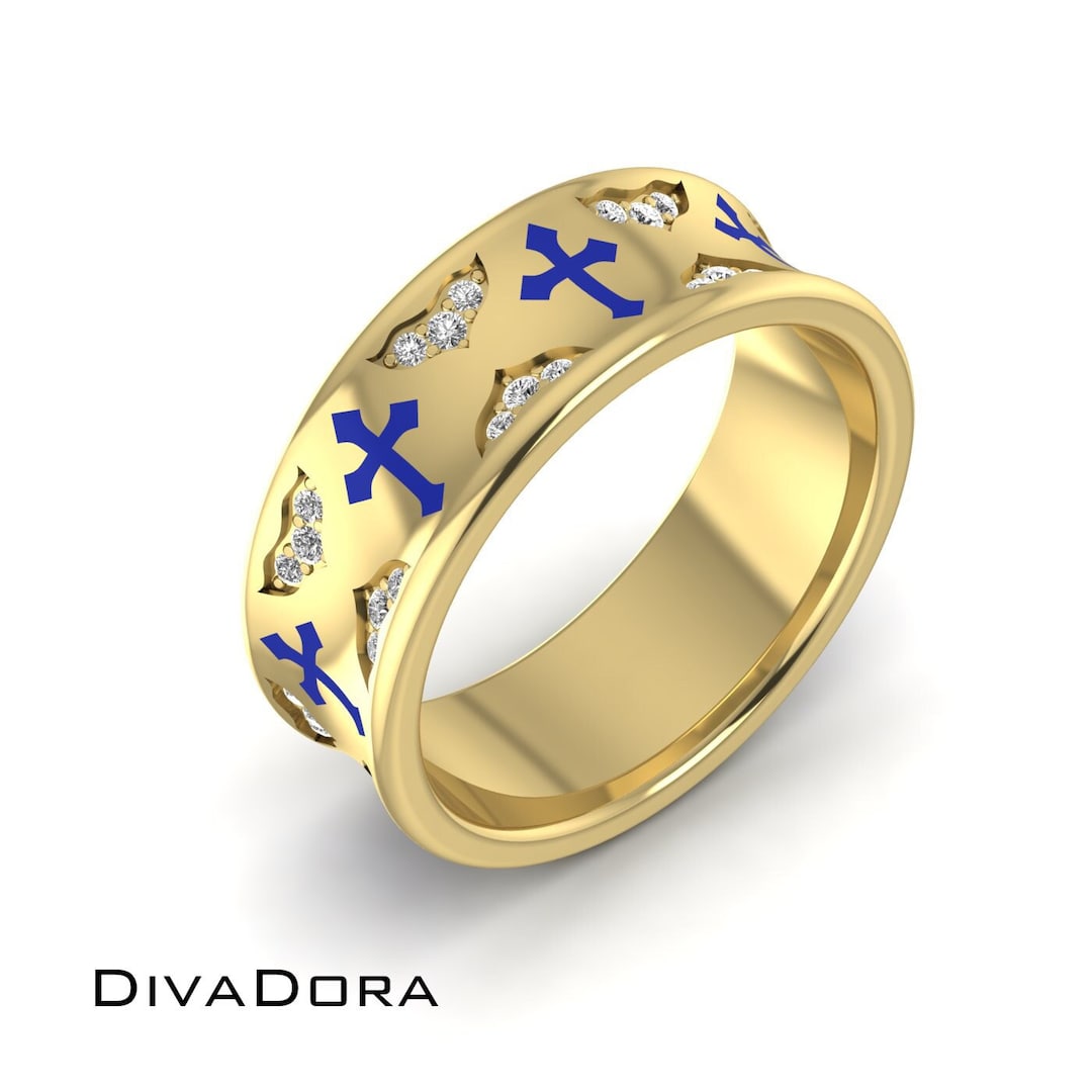 18K Solid Gold Cross Band With Genuine Diamonds, Free Laser Engraving ...