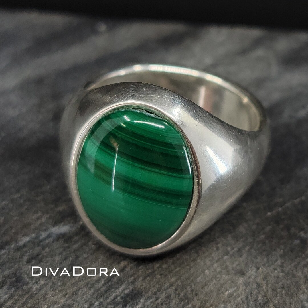 Silver Malachite Signet Ring, Oval, Brushed or Polished, Comfort Fit ...
