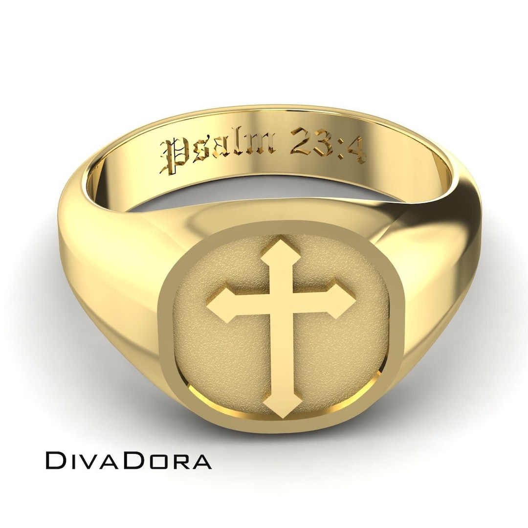 14K Solid Gold Cross Signet Ring, Free Laser Engraving, Silver or Gold ...