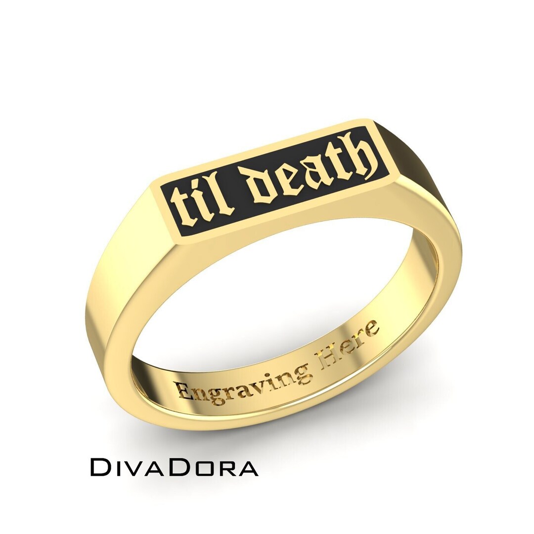 14K Solid Gold Dainty Til Death Signet Ring, Custom Writing and Enamel ...