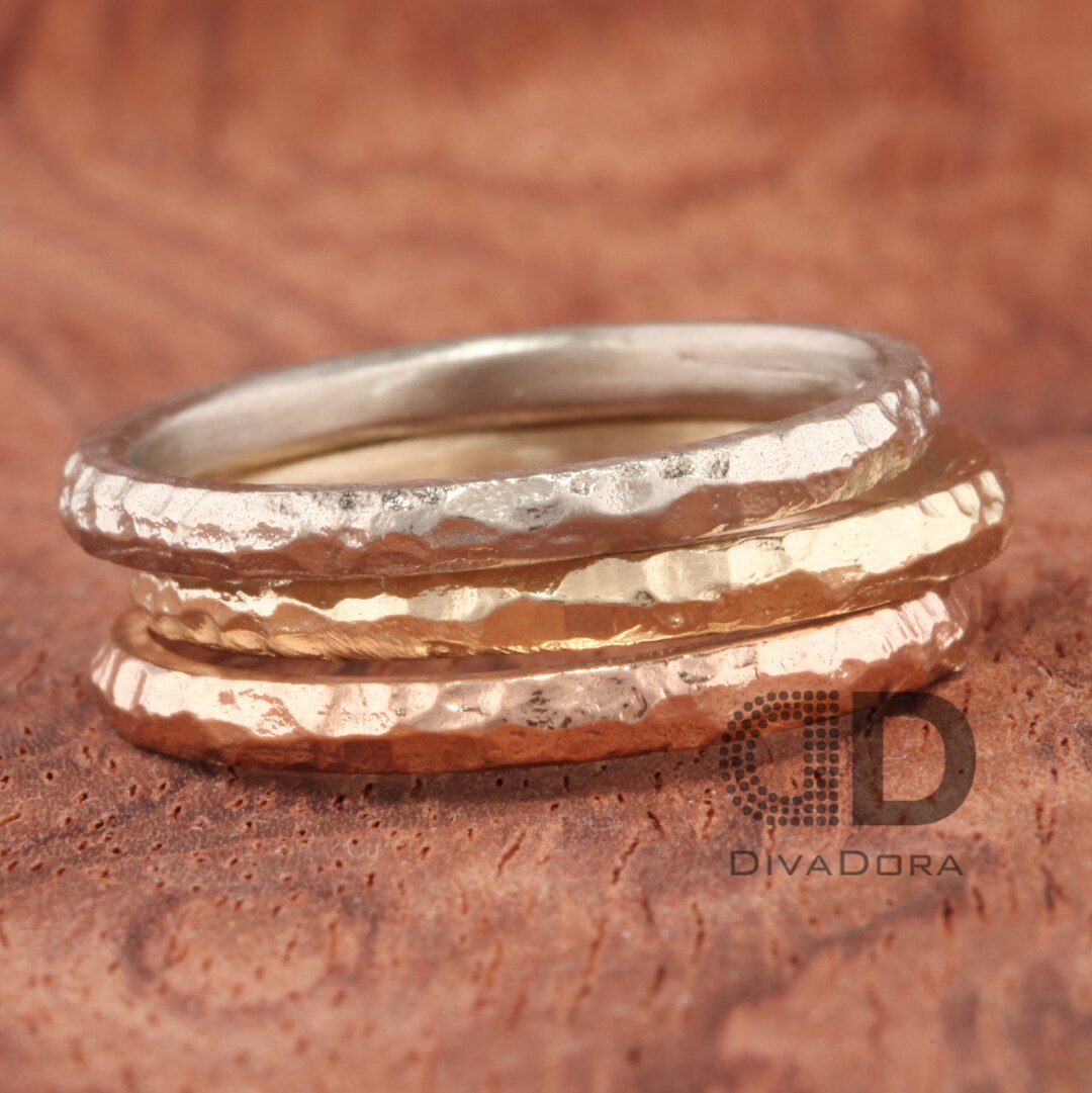 14K Solid Gold Hammered Stacked Ring, 2mm Wide, Comfort Fit, Free Laser Engraving, Customizable ...