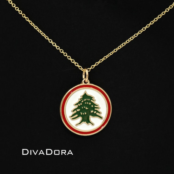 14K Solid Gold Lebanese Flag Necklace Enamel Lebanon Flag | Etsy