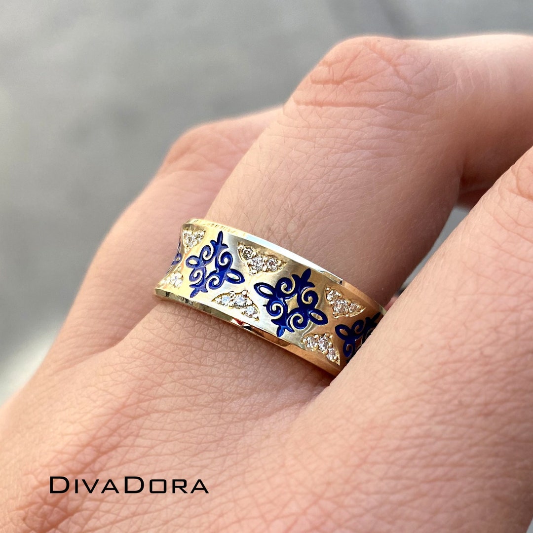 Enamel Band in 18K Solid Gold With Genuine Diamonds, Personalized ...