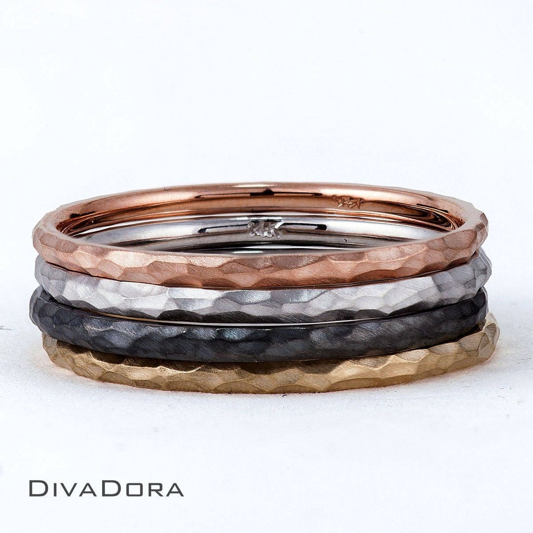 14K Solid Gold Hammered Stack Ring, 1.5mm Wide, Dainty Ring, Hammered ...