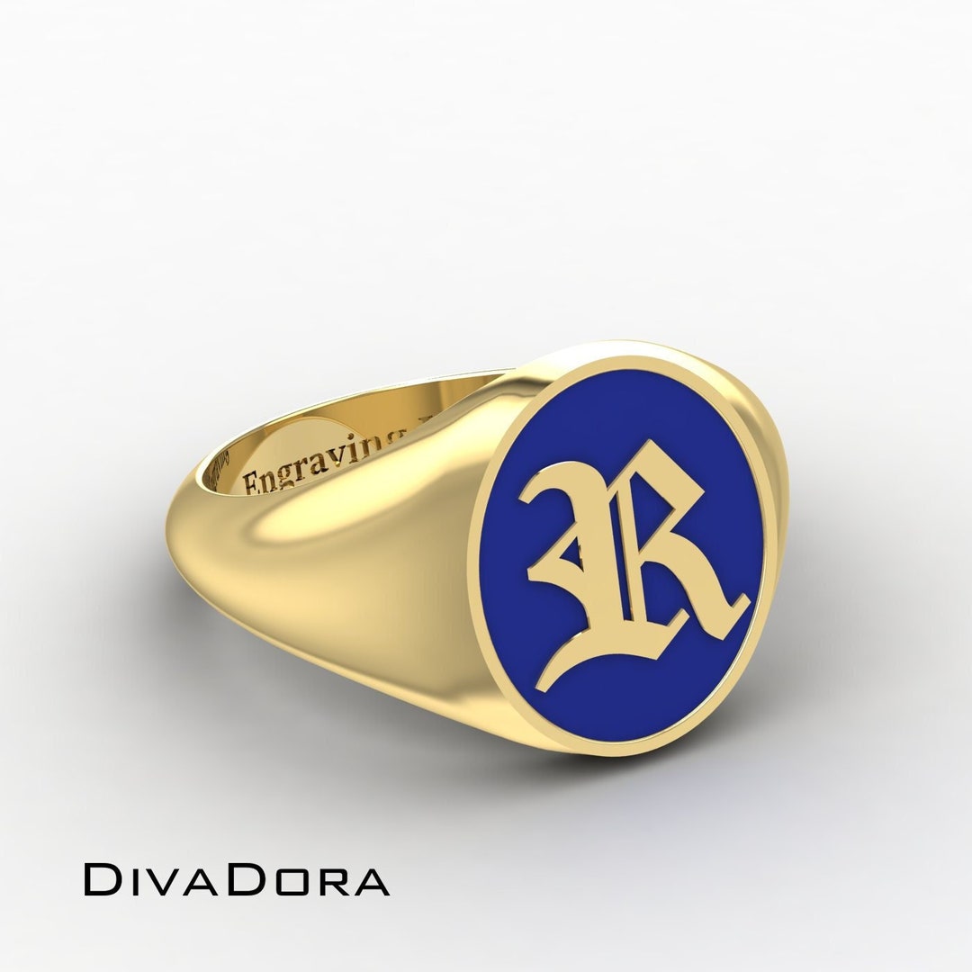 14K Solid Gold Enamel Oval Signet Ring, Old English Font, Initial ...