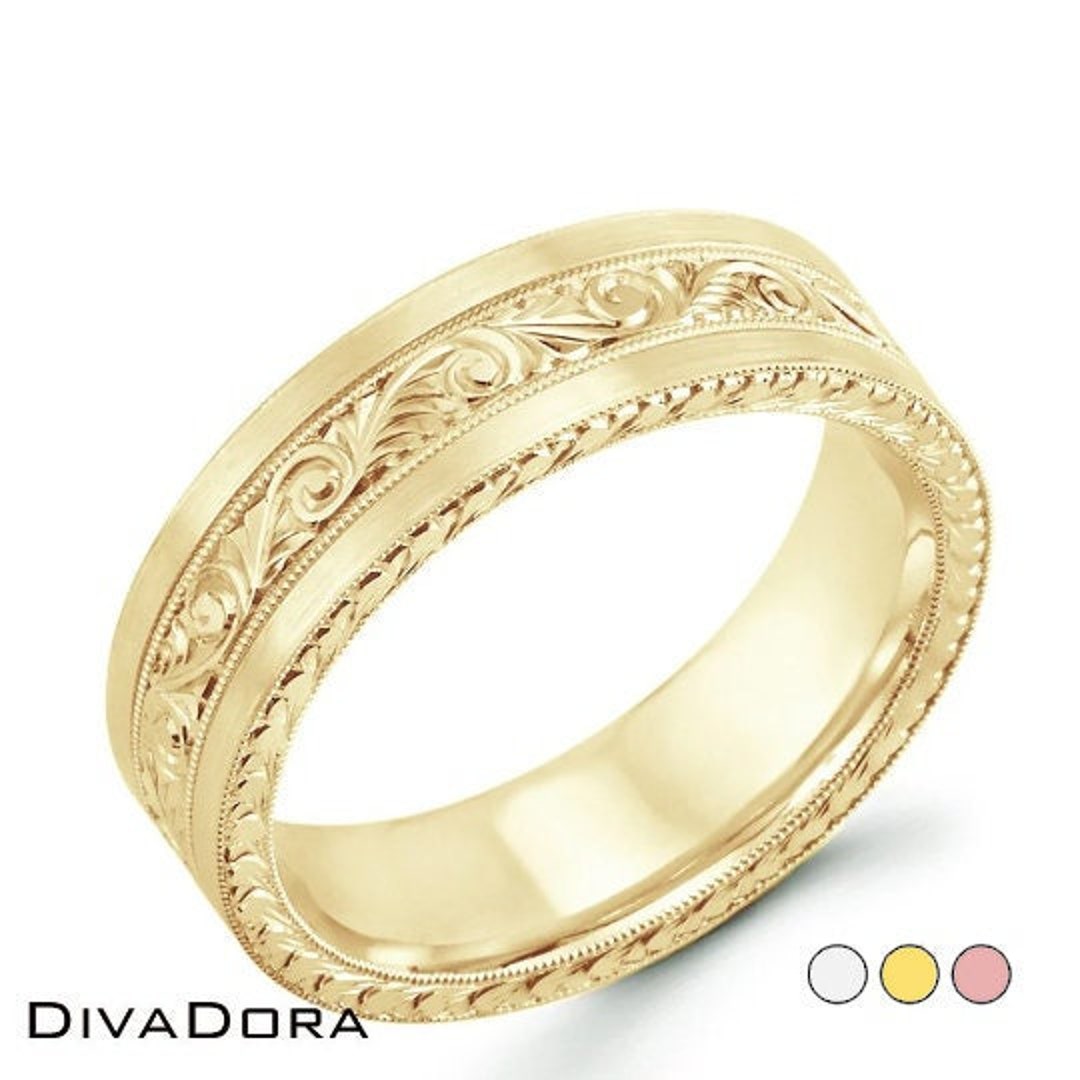 14K Solid Gold Wedding Band, Hand Engraved, Brushed Finished, Milgraine ...