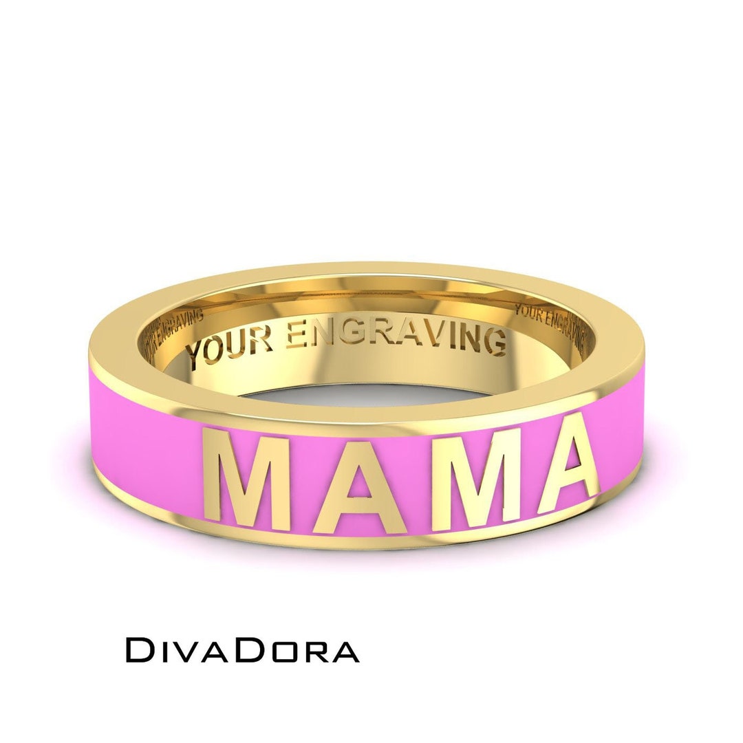 14K Solid Gold Enamel Mama Ring, Custom Writing and Enamel Color, 4.5mm ...