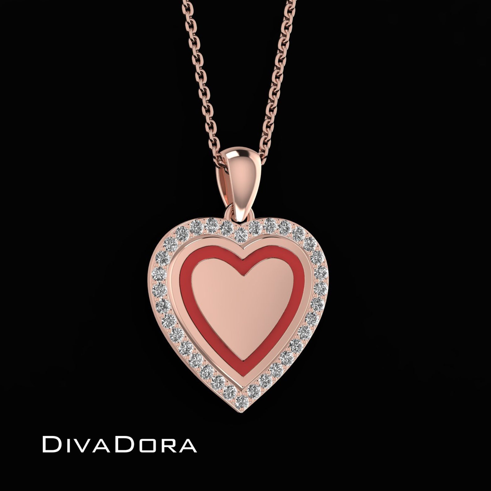 14K Solid Gold Heart Enamel Pendant With Genuine Diamonds, Customizable ...