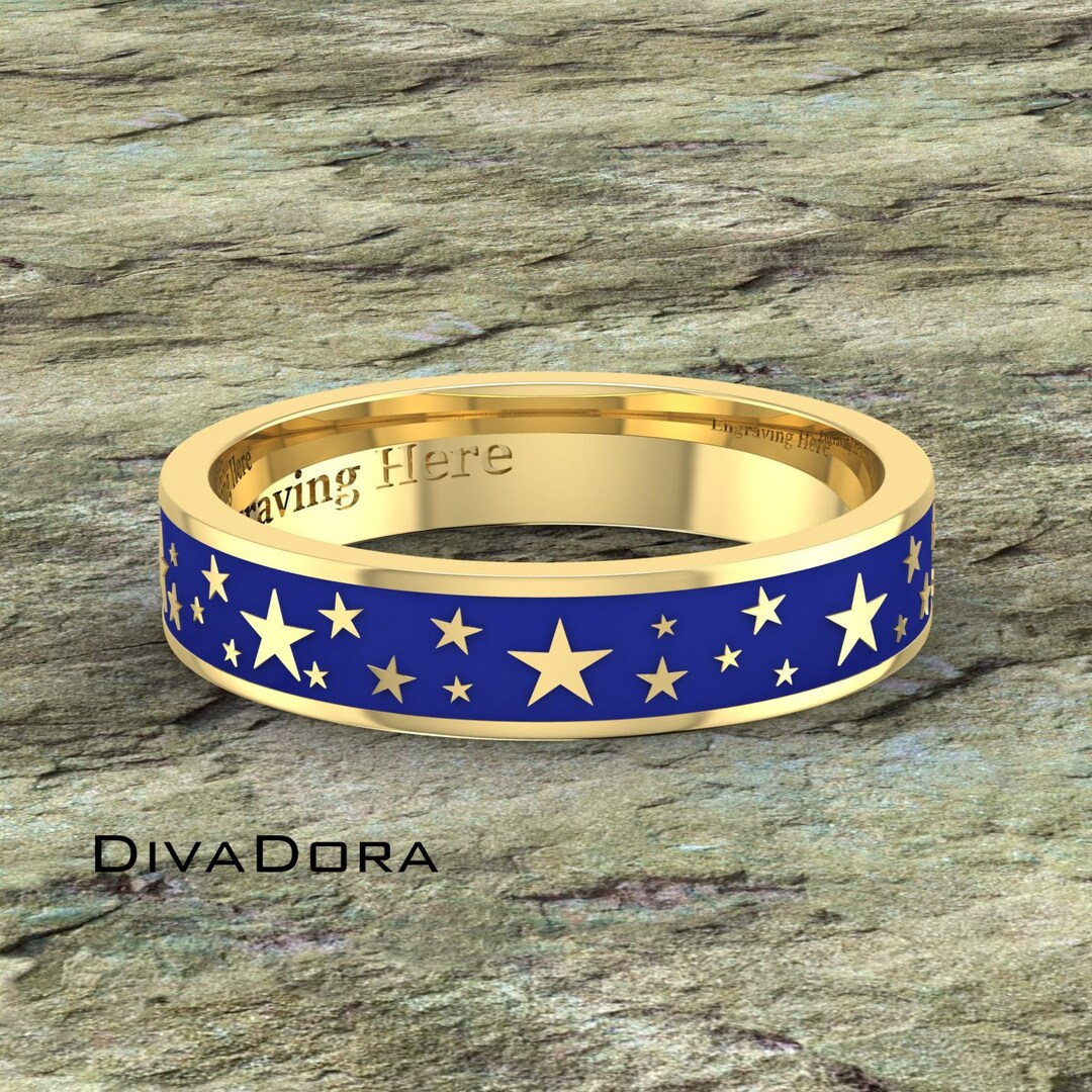 14K Solid Gold Stars Enamel Ring Custom Design and Enamel - Etsy