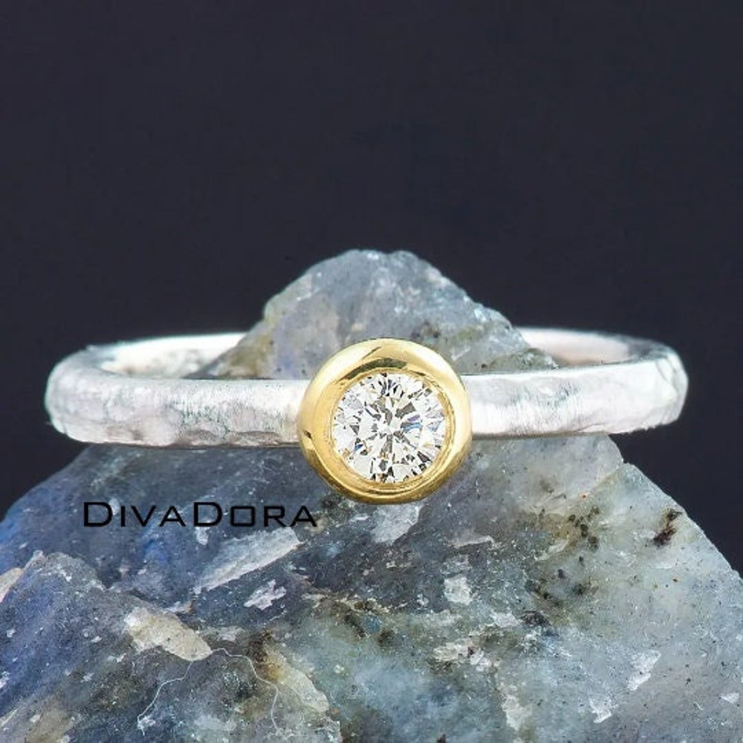 18K Solid Gold & Silver Stackable Hammered Ring, Bezel Set Genuine ...