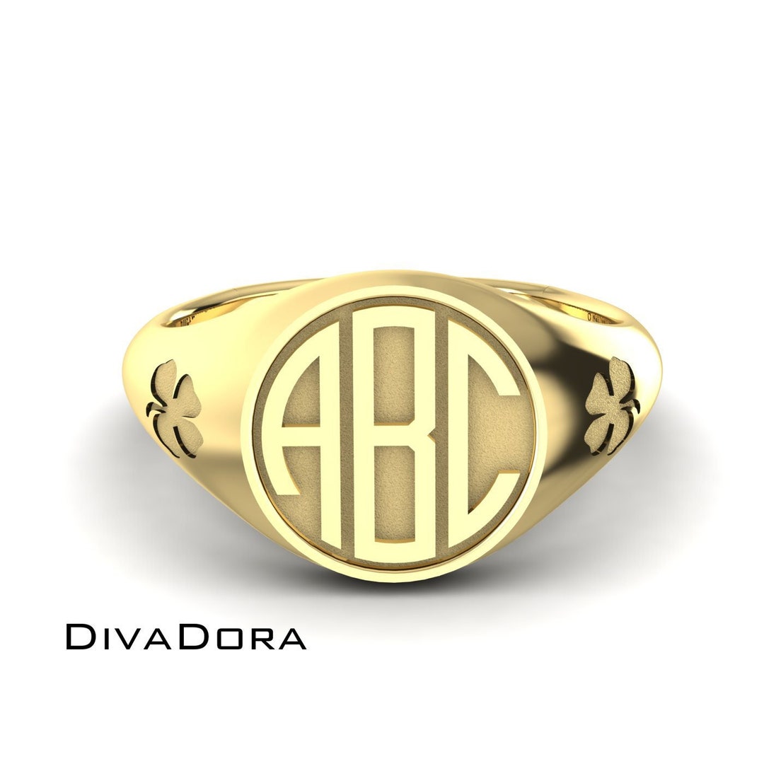 14K Solid Gold Monogram Signet Ring, Four Leaf Clover, Free Laser ...